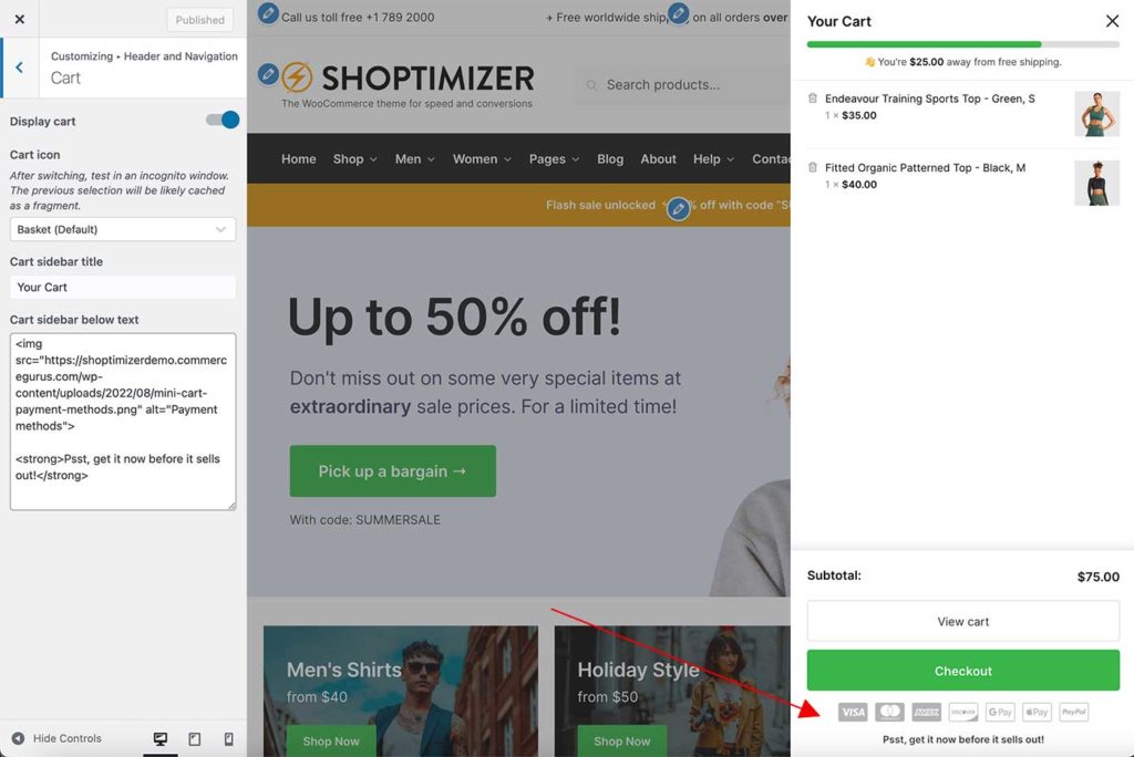 Include Content Below Slide-out Cart in the Shoptimizer Theme
